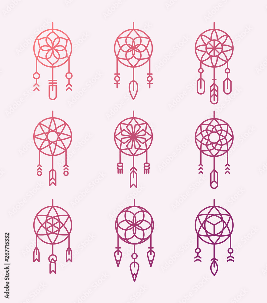 DreamCatcher with various patterns. flat design style minimal vector ...