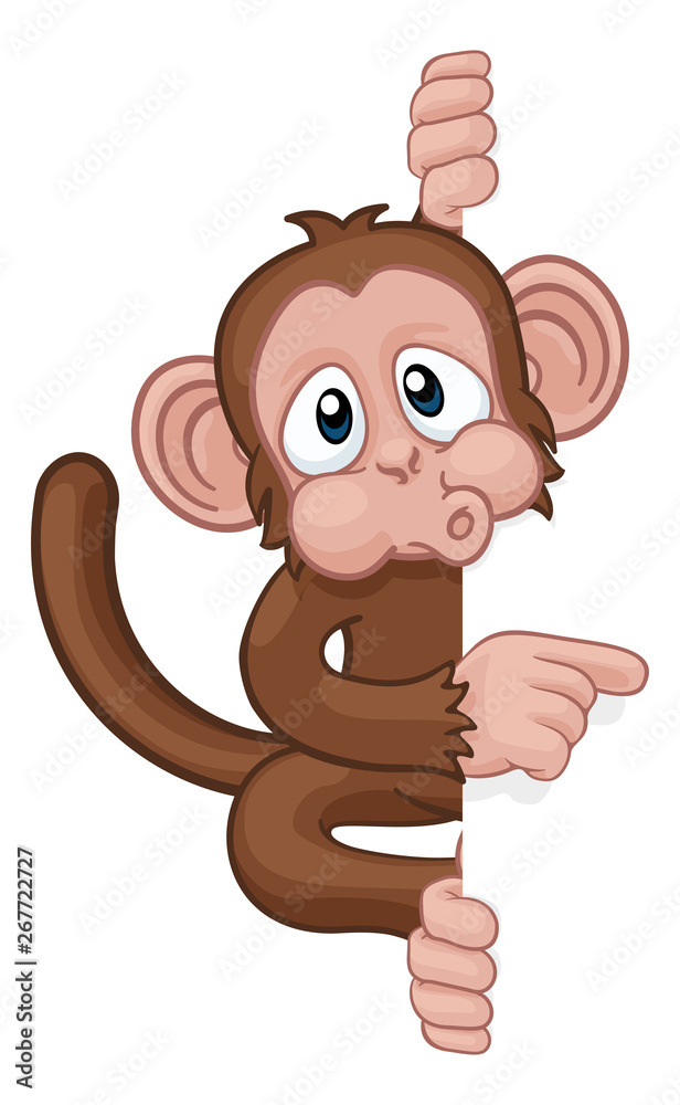 A monkey cartoon character animal behind a sign peeking around and ...