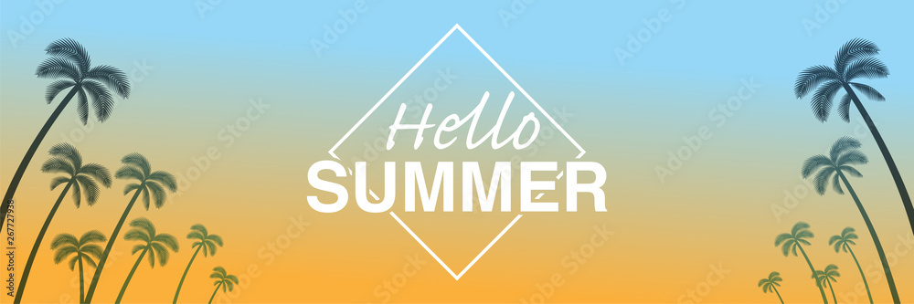 Palm tree silhouette frame in sunset background - Included words “Hello ...