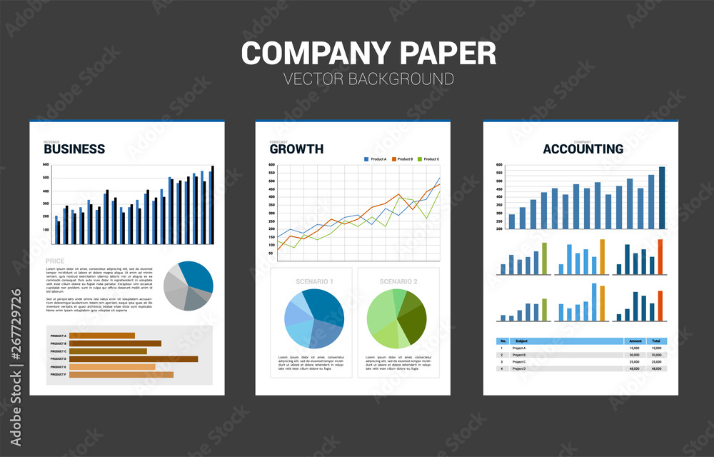 Vector Company document paper with multiple graph. Business Corporate ...