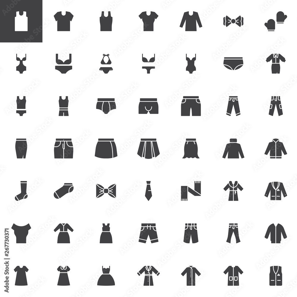 Clothes and accessories vector icons set, modern solid symbol ...