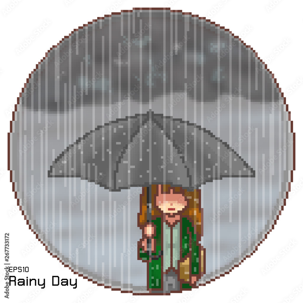 vector pixel art of a girl under umbrella in rainy day Stock Vector ...