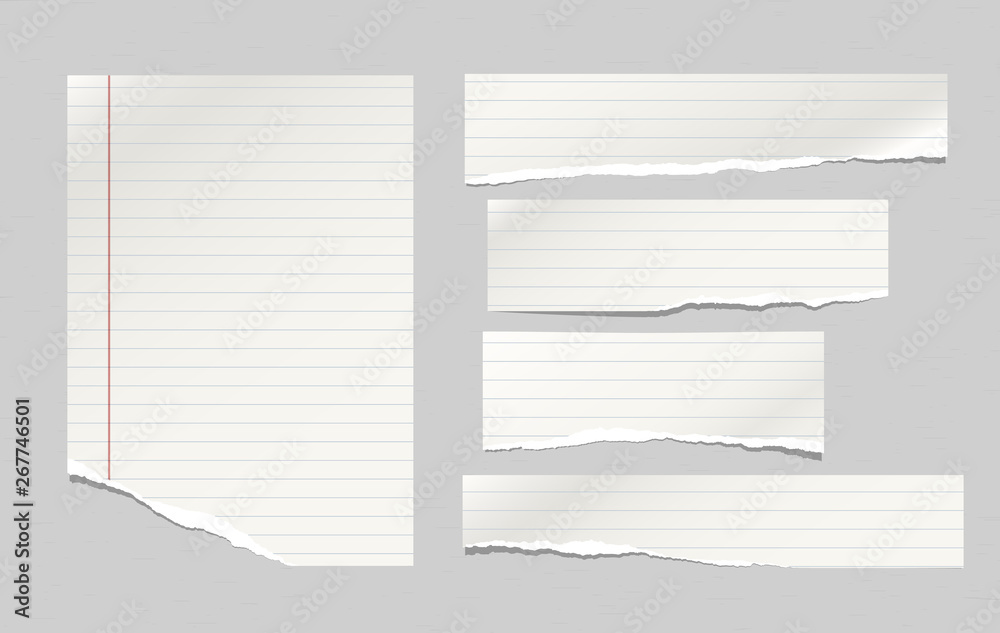 Set of torn note, notebook lined paper strips stuck on grey background ...