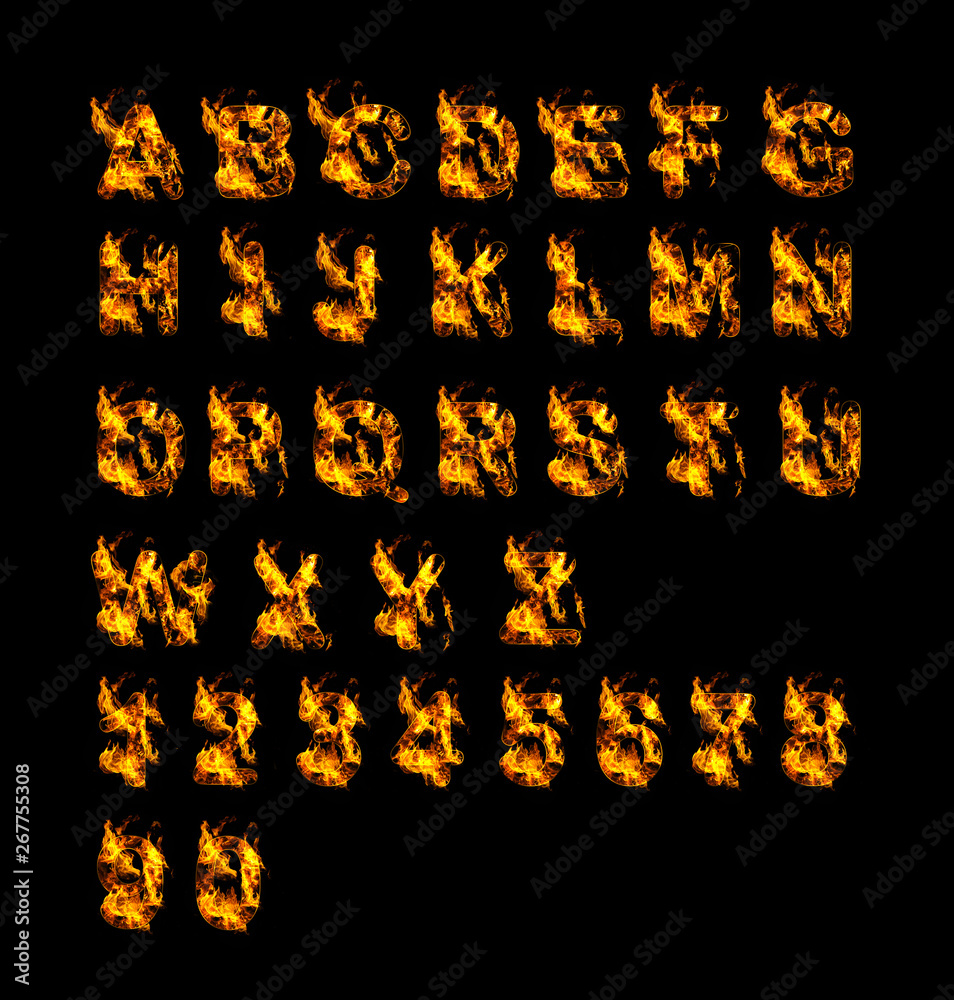 ALPHABETIC FIRE LETTERS, A TO Z , NUMBAERS 1 to 0, 3D ILLUSTRATION ...