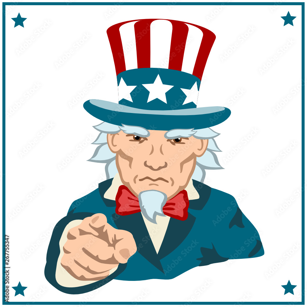Uncle Sam wants you, points his finger isolated on white background ...