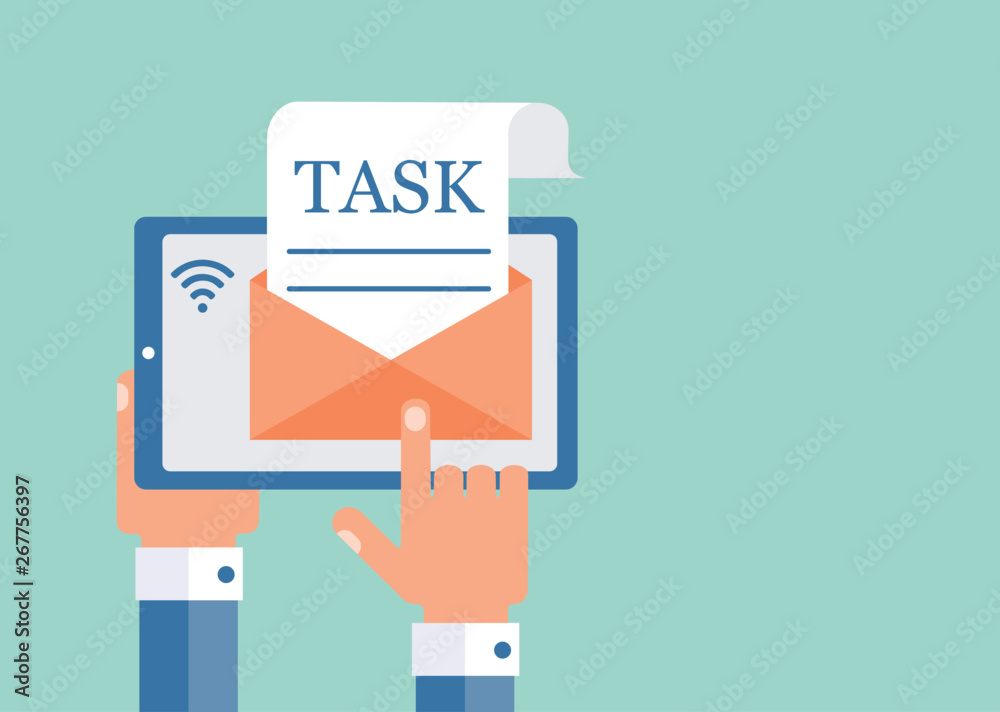 Sending, receiving a letter with the task by e-mail. Flat design ...
