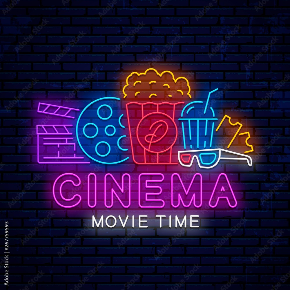 Neon logo, emblem, sign for cinema. Bright signboard for cinema. Modern ...