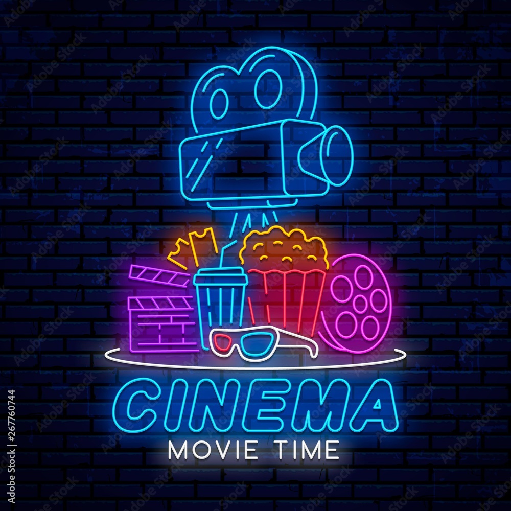 Modern bright neon sign for cinema. Badge, logo, emblem for decoration ...