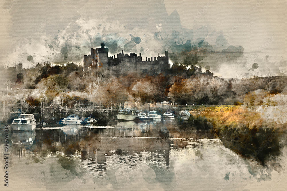 Watercolour painting of Landscape image of old medieval Castle viewed ...