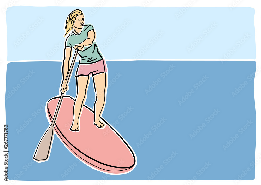 Stand up paddle surfing, boarding. Single female surfer with paddle. Surfrider girl on board ...