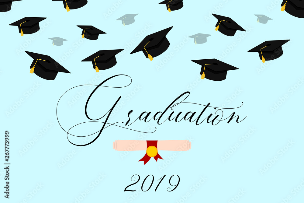 Graduation lettering with thrown up graduation hats. Congratulation ...