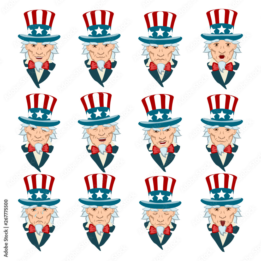 Set of uncle Sam facial expressions with different emotions isolated on ...