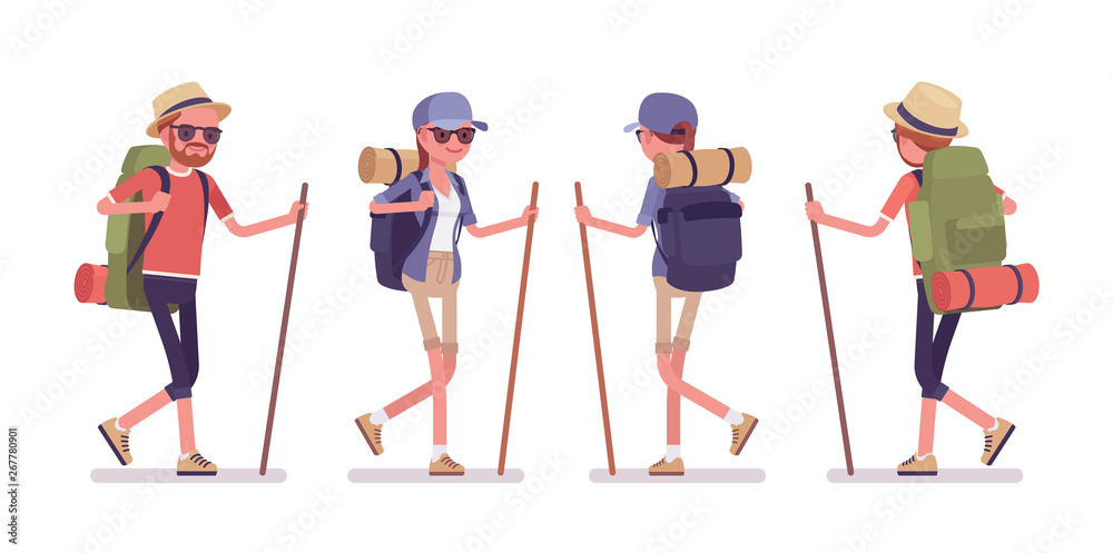Hiking man, woman walking. Tourists with backpacking gear, wearing ...