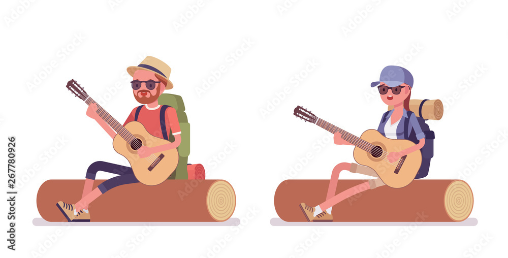 Hiking man, woman in camp with guitar. Tourists with backpacking gear ...