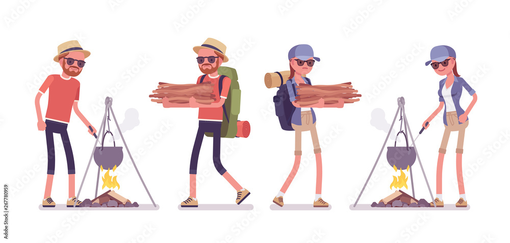 Hiking man, woman near campfire. Tourists with backpacking gear ...