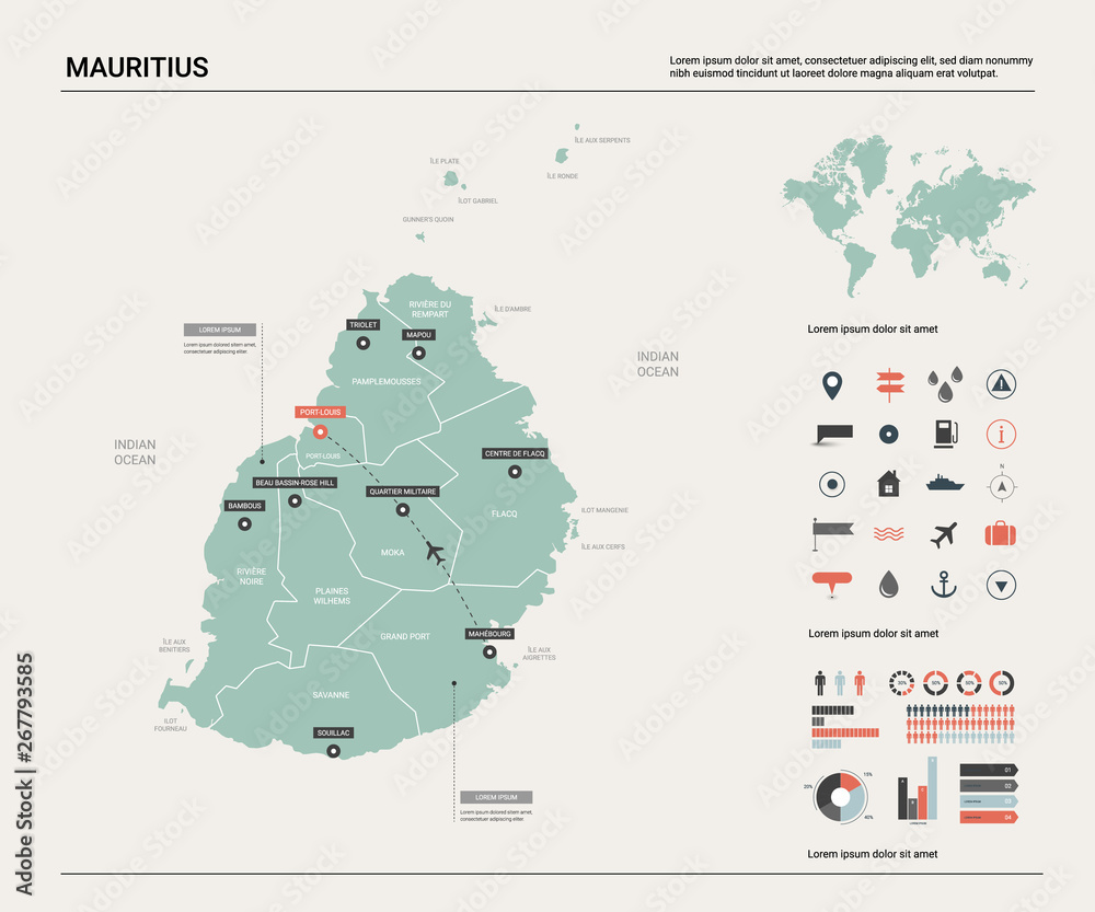 Vector map of Mauritius. Country map with division, cities and capital ...