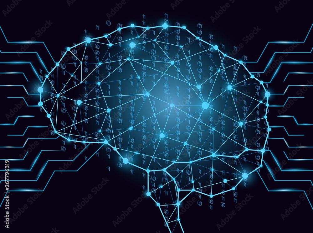 Binary code in digital brain form composed of lines, triangles, binary ...