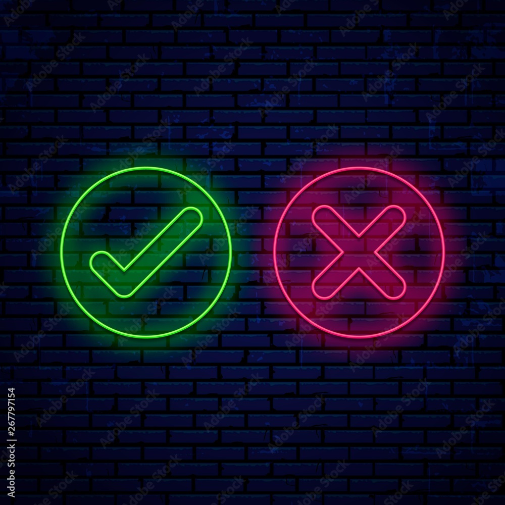 Bright neon sign, check marks, icons round shape isolated on wall ...