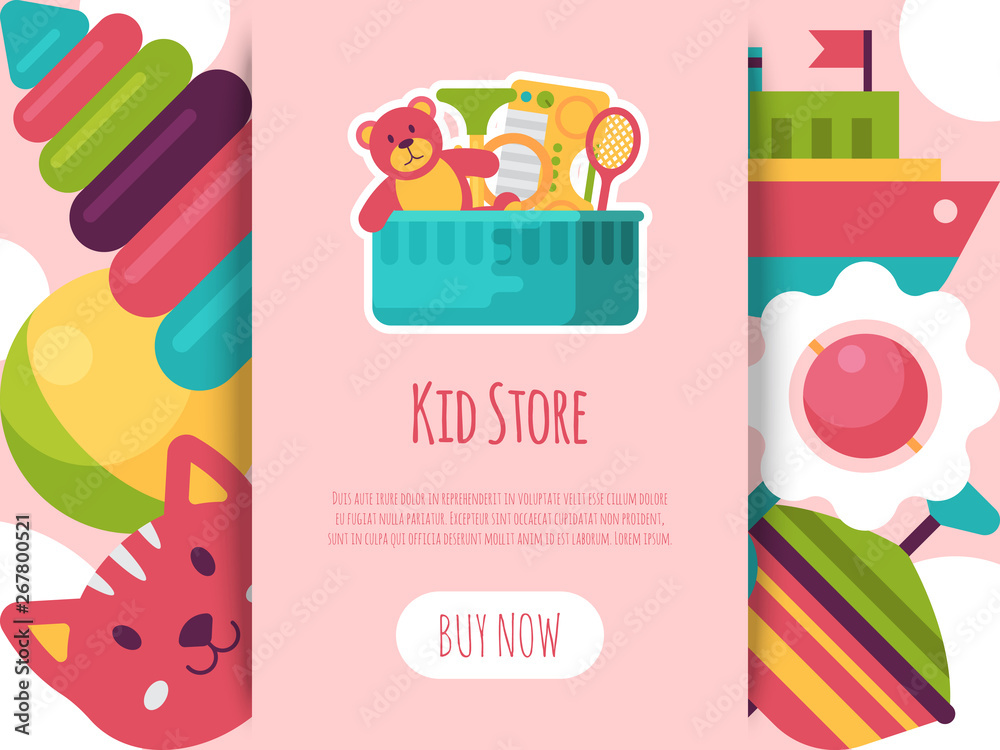 Baby toy shop landing page in flat cartoon style. Kids game teddy bear ...