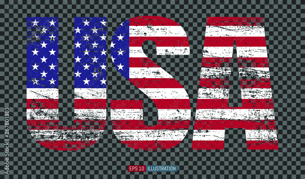 USA lettering. Grunge American flag. Transparent background. Template ...