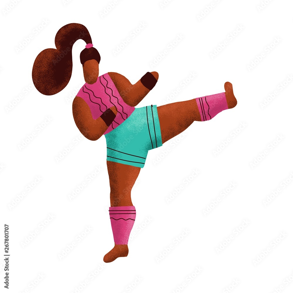 Kickboxing woman doing side kick. Cute Girl Boxer Character Wearing ...