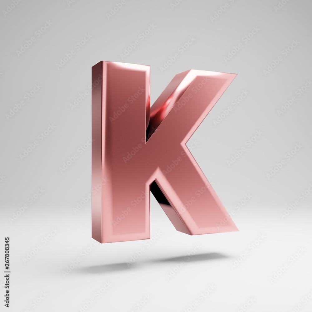 Volumetric glossy Rose Gold uppercase letter K isolated on white ...