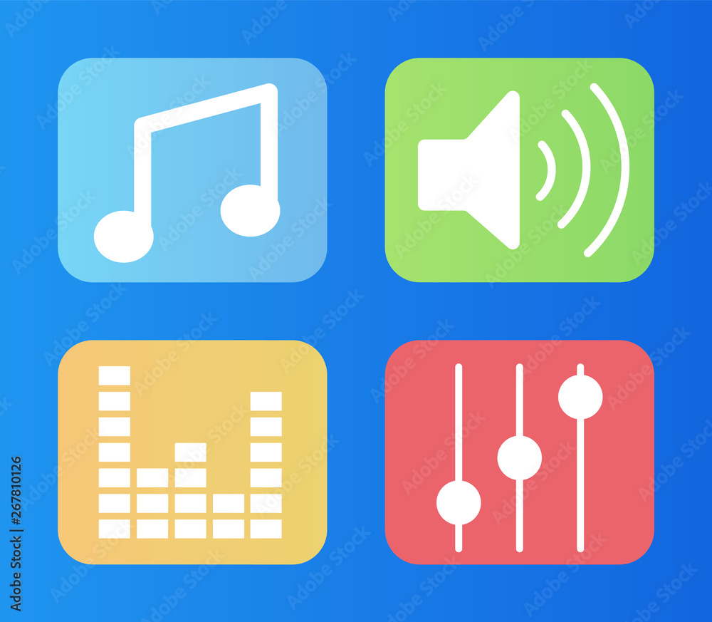 Music icons set, isolated signs loudspeaker and note flat style. Audio ...
