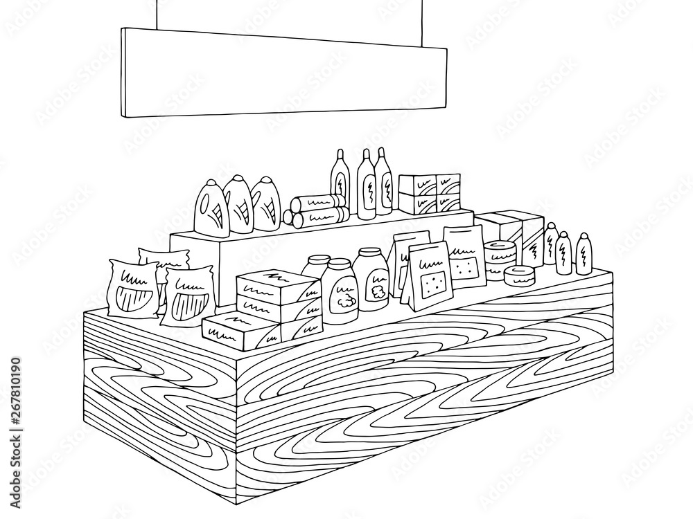 Grocery store shop interior black white graphic sketch illustration ...