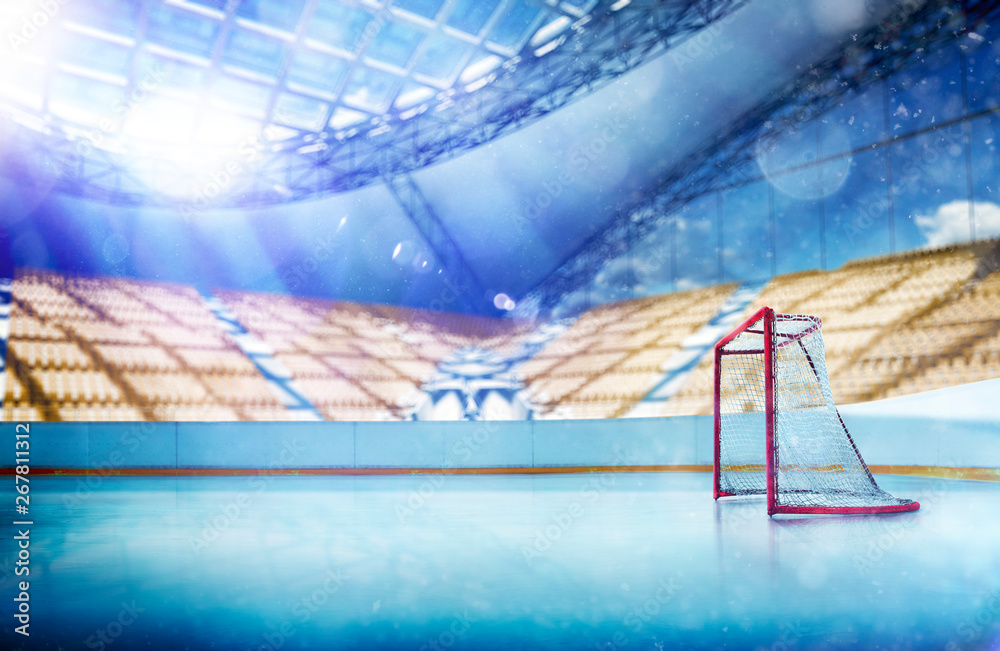 ice hockey stadium with lights crowd and an empty ice rink Stock Photo ...