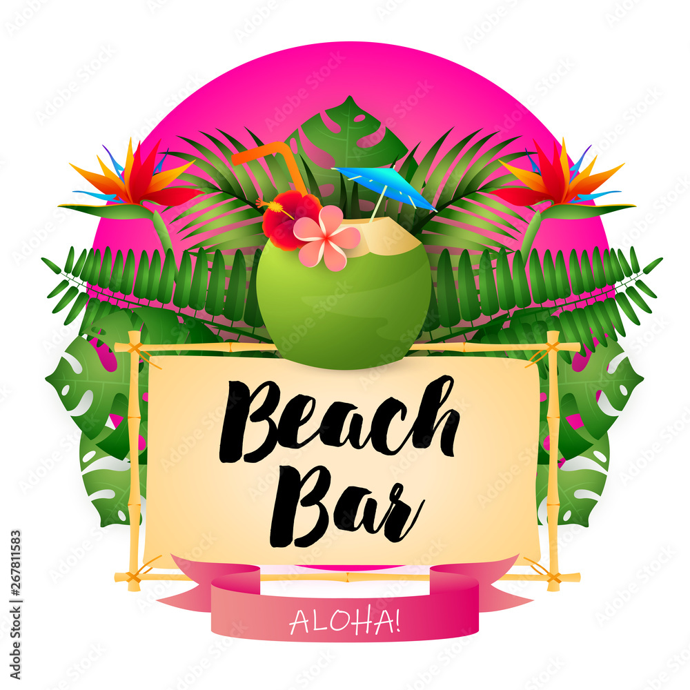 Beach bar poster design. Coconut cocktail, signboard, tropical leaves ...