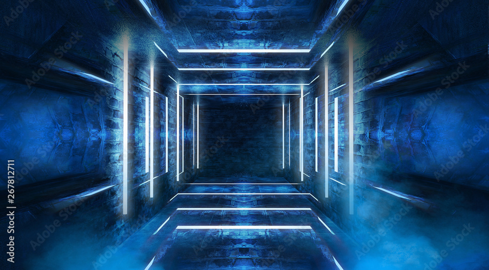 Tunnel in blue neon light, underground passage. Abstract blue ...