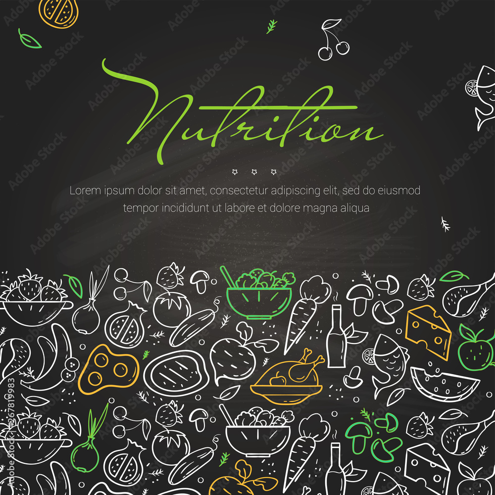 Line style banner of nutrition on blackboard. Hand drawn modern ...