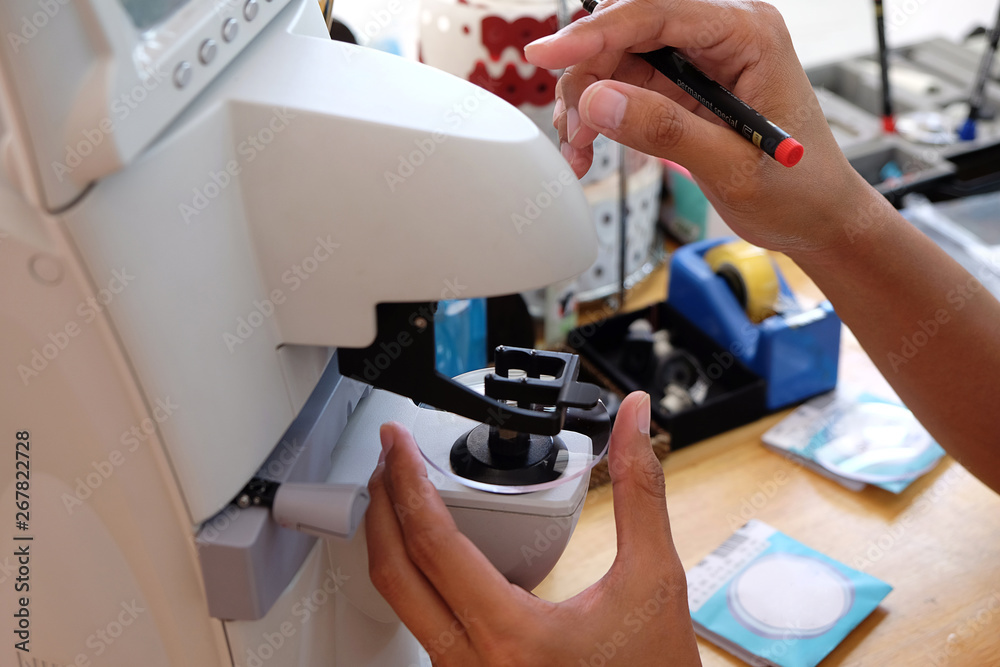 Collage image of the glasses manufacturing process.Health care, Man ...