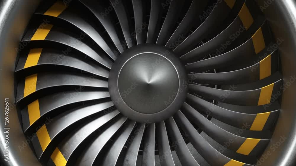 Animation jet engine, close-up view jet engine blades. Front view of a ...