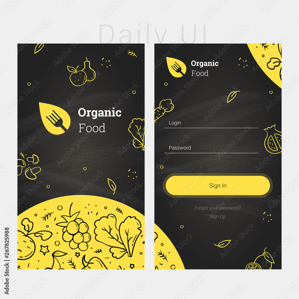 Yellow app design template of organic food. Concept food interface ...