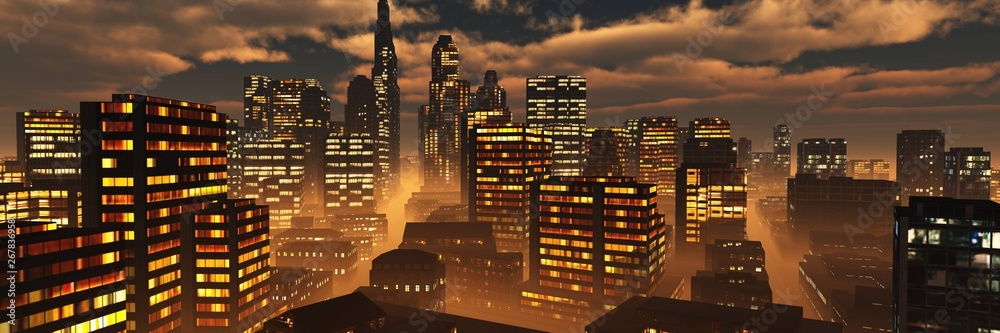 Night city ,, modern high-rise buildings in the evening in the fog ...