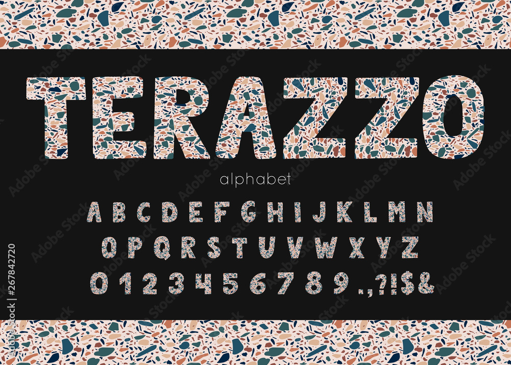 Vector terrazzo font and alphabet. Abc, english letters and numbers ...