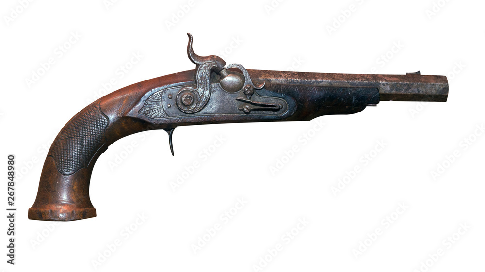 Old vintage firelock gun isolated on white background .metal musket ...
