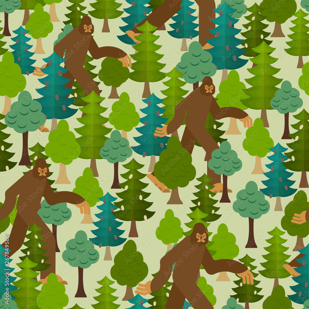 Bigfoot in forest pattern seamless. Yeti and trees background ...