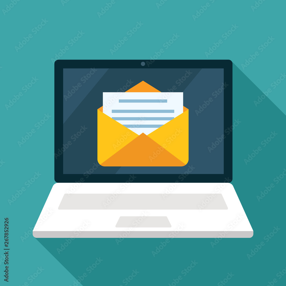 open work laptop with email icon, a letter arrived. flat vector ...