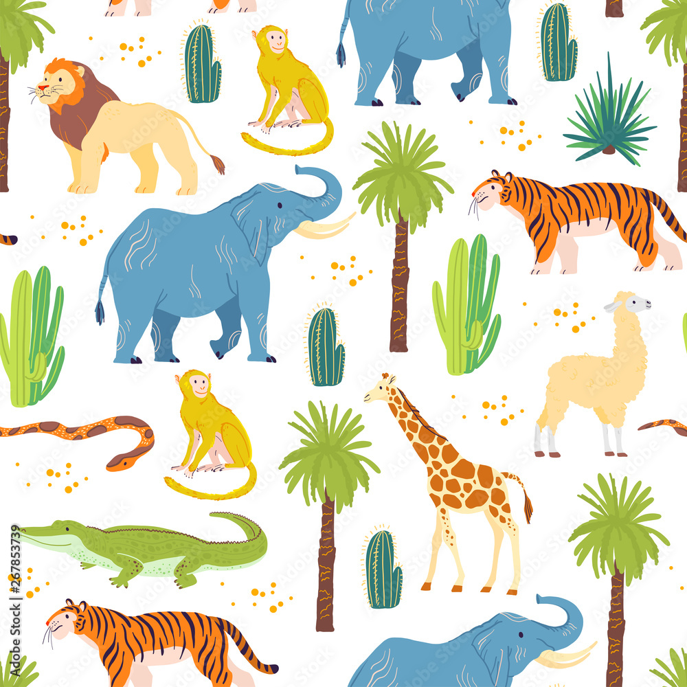 Vector flat seamless pattern with hand drawn desert animals, reptiles ...