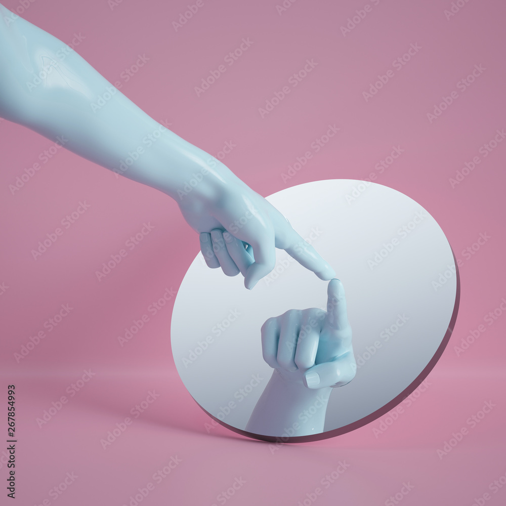 3d render, hand reflection in round mirror isolated on pink background ...