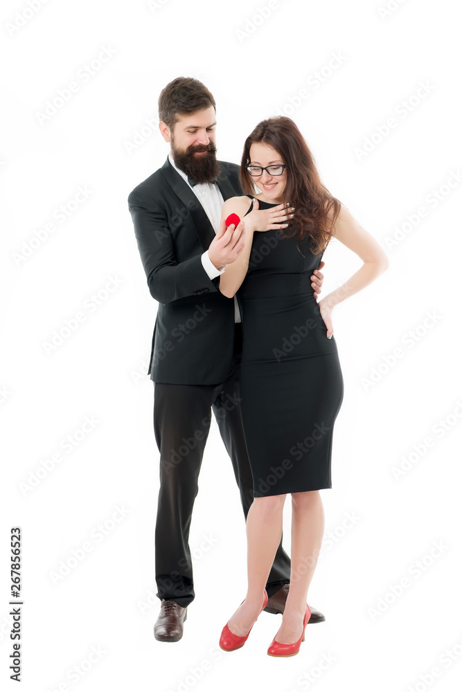 Hope she likes ring. Proposal of marriage concept. Man hold red box ...