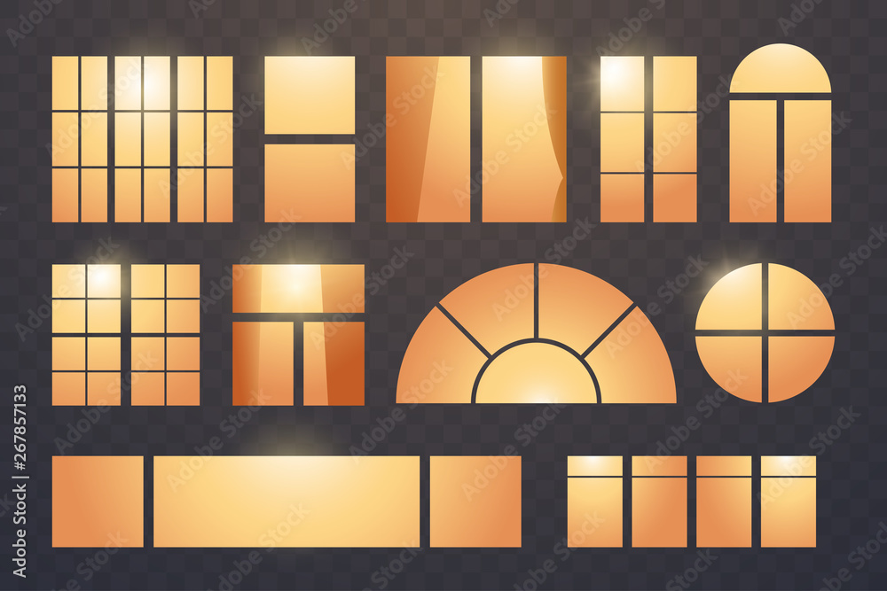 Glowing windows in different shapes for residential building or ...