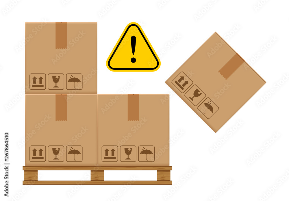 crate boxes on wooded pallet and warning sign yellow for product ...