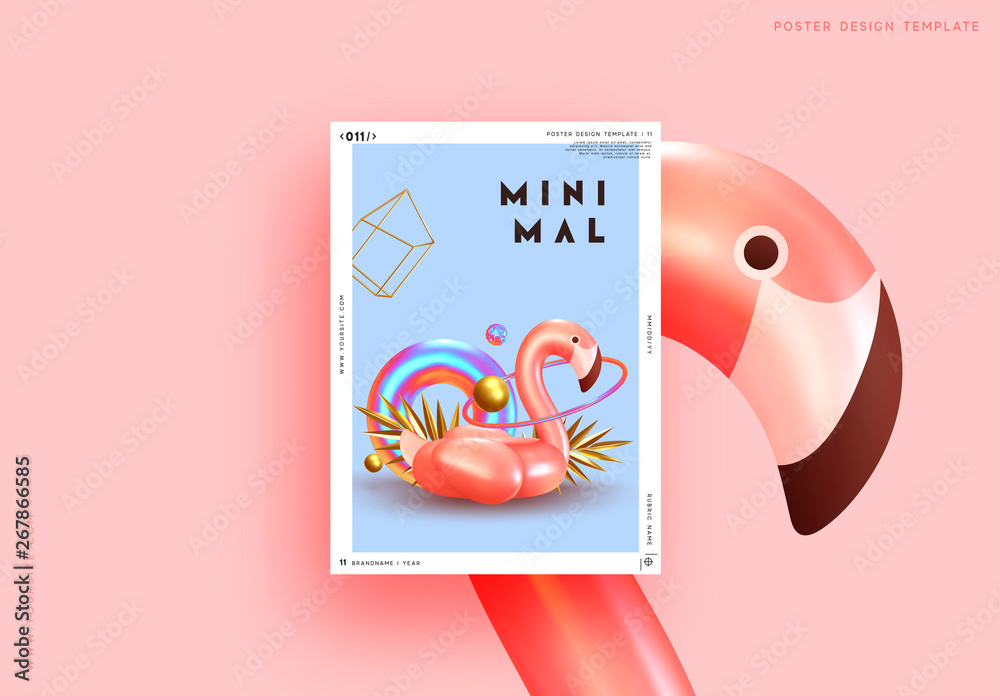 Cover poster pink flamingo and 3d objects of different shapes, gold ...