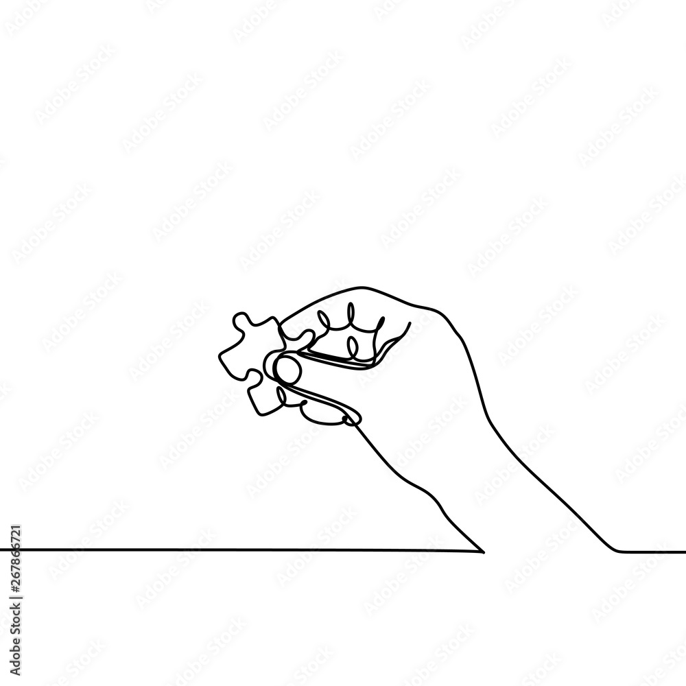 continuous one line drawing of hands solving jigsaw puzzle minimalist ...