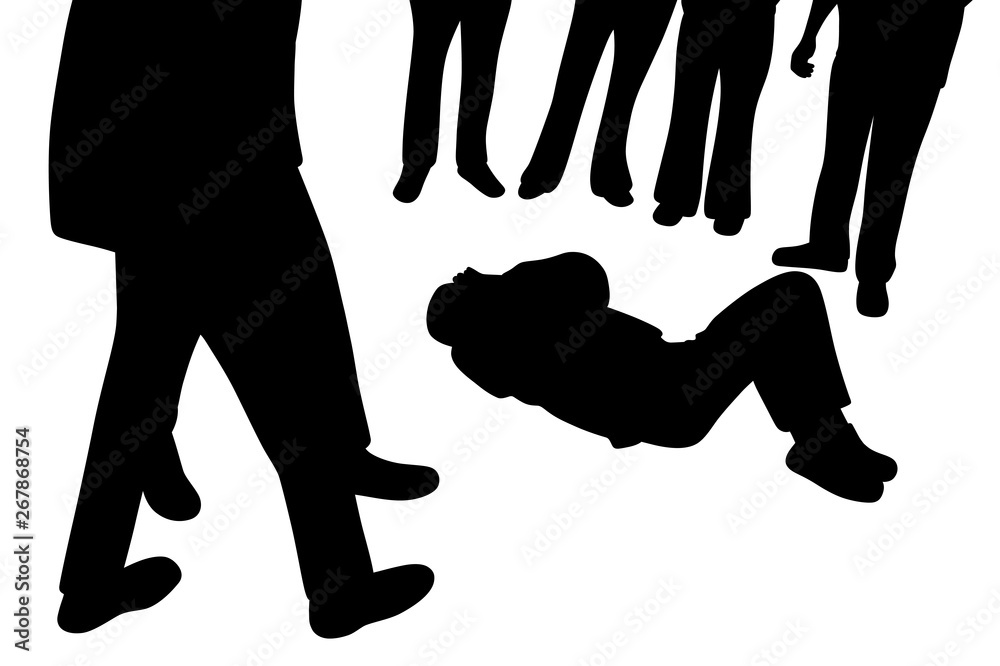 Injured victim man lying down and group of curious people standing ...