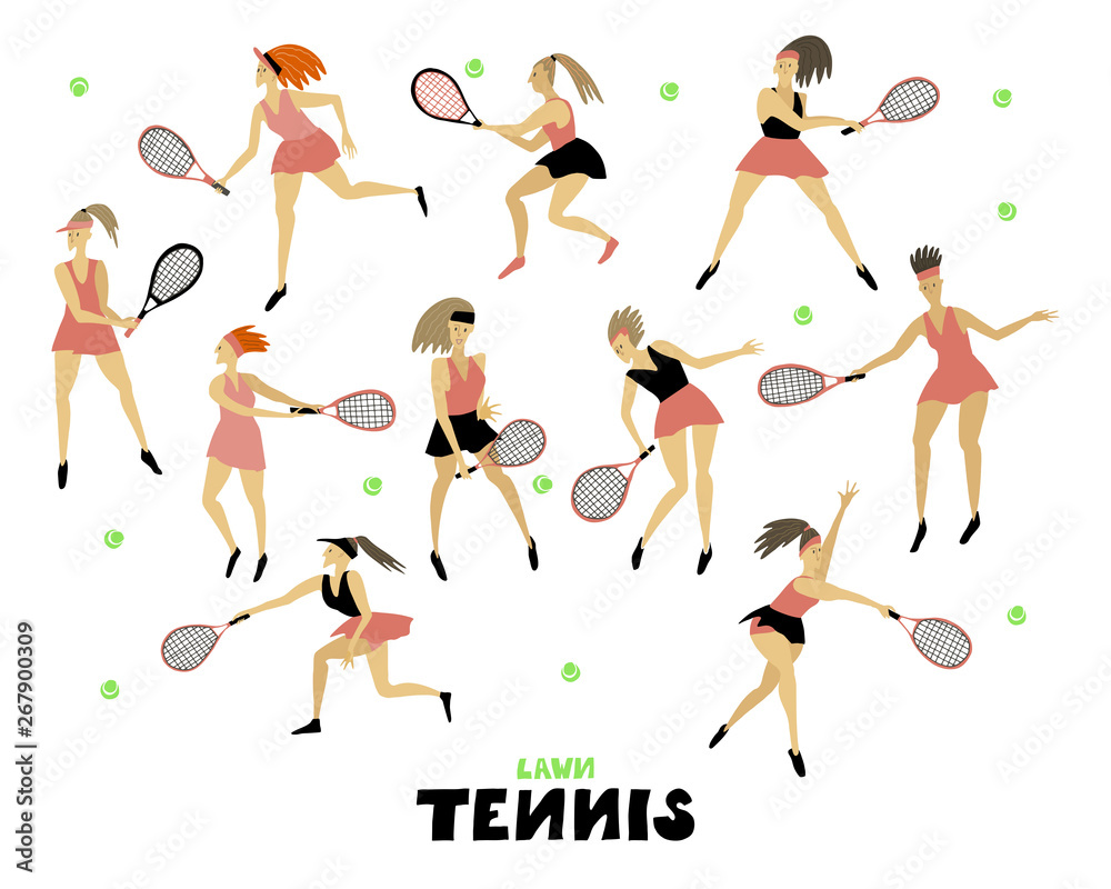 Tennis player girls set Woman with racket and ball Human figure in ...