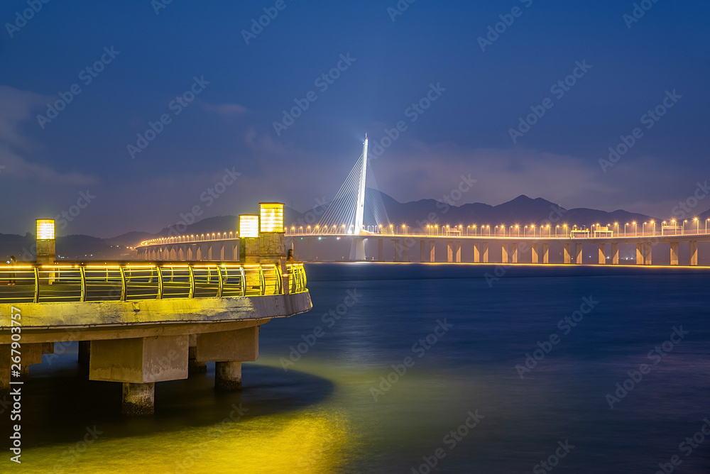 Night view of Guanhai Bridge and Shenzhen Bay Highway Bridge in Guanwan ...